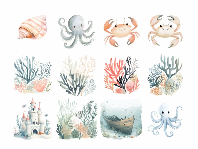 Under the Sea Watercolor Clipart Collection | Mermaid & Ocean Animals ...