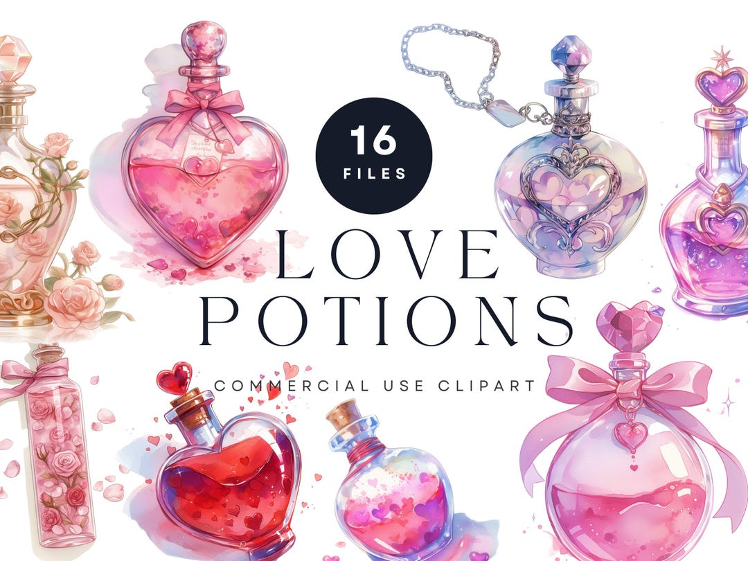 Love Potion Clipart Set – Heart-shaped Bottles, Romantic Potion Bottles ...