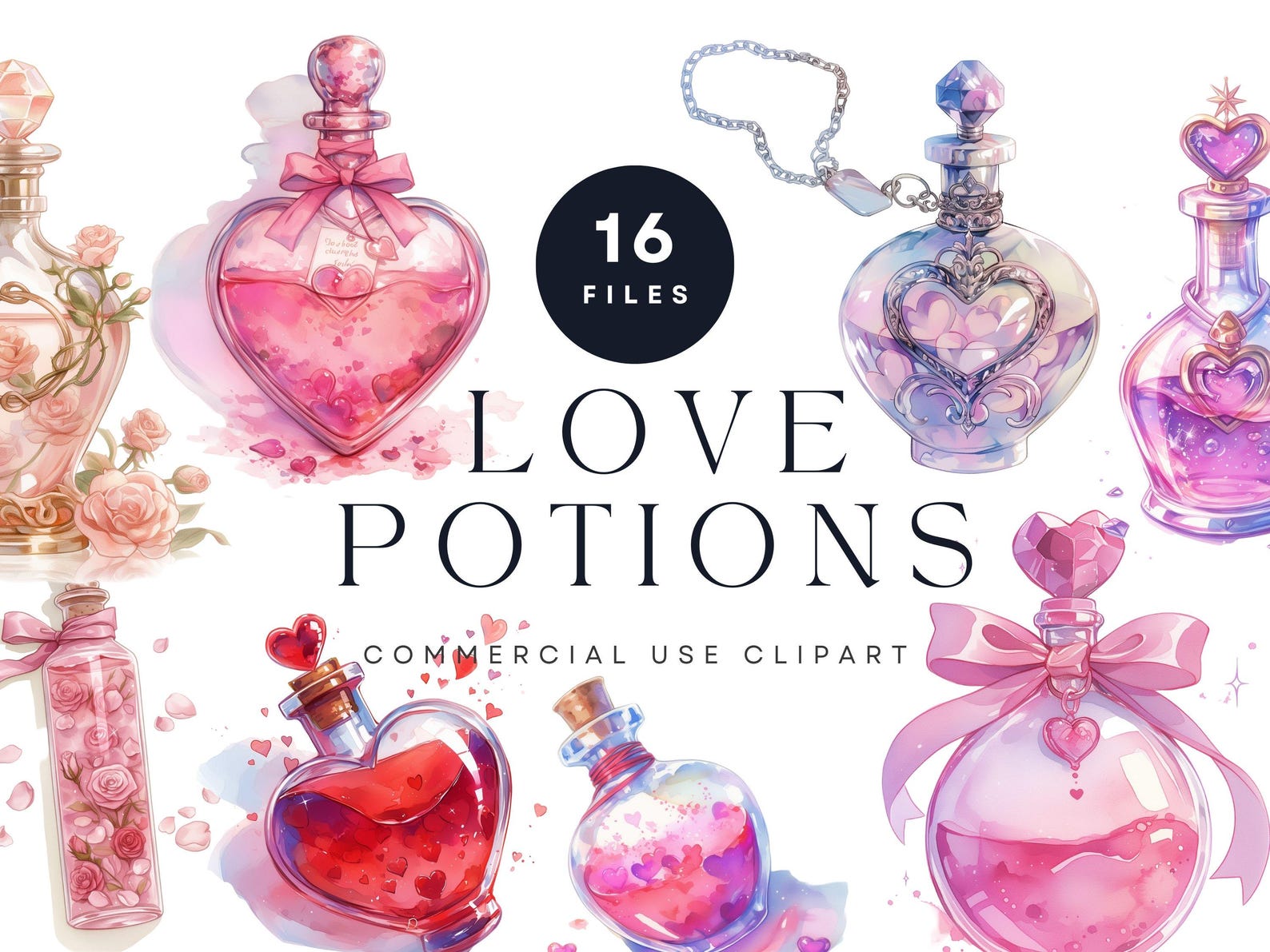 Love Potion Clipart Set Heart-shaped Bottles, Romantic Potion Bottles ...