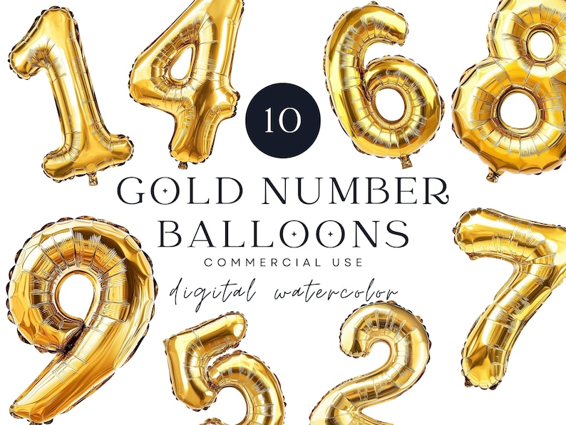Gold Number Balloon Clipart Digital Party Numbers, Foil Birthday ...