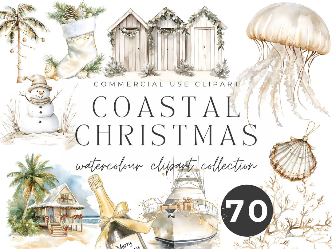 Coastal Christmas Clipart - Beach Holiday, Holiday Invitations, Digital ...