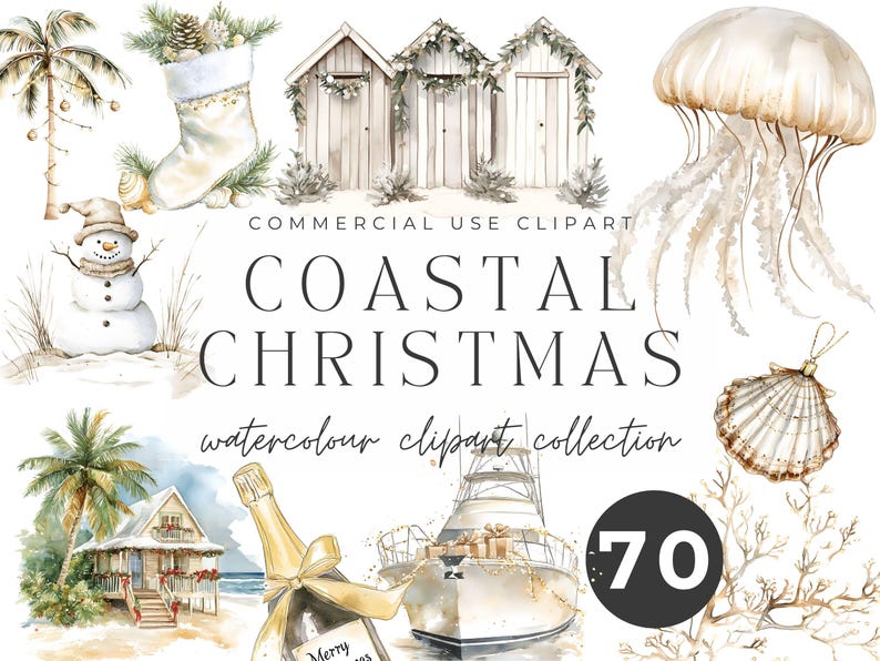Coastal Christmas Clipart - Beach Holiday, Holiday Invitations, Digital ...