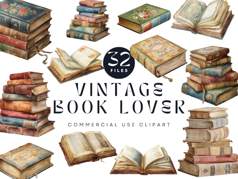 Vintage Book Clipart | Antique Library Illustrations (digital Download ...