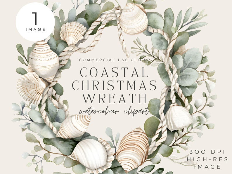 Coastal Christmas Wreath Watercolor Clipart | Beach-themed Holiday ...