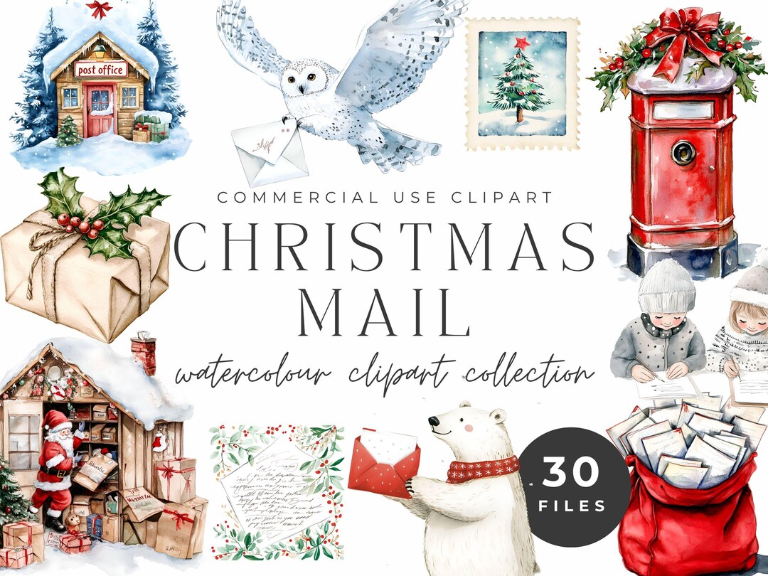 Watercolor Christmas Mail Clipart – Holiday Post Office Scenes (digital ...