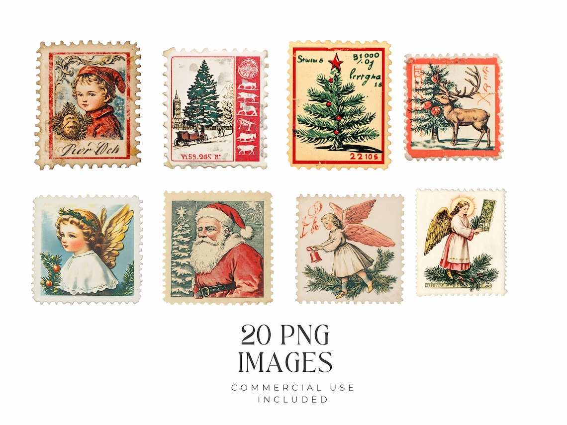 Vintage Christmas Stamps Clipart Collection | 20 Pngs - Retro Holiday ...