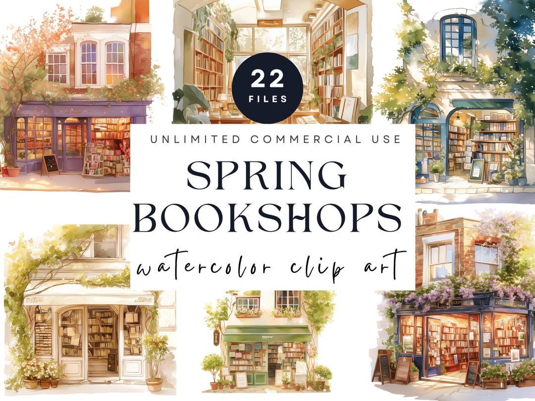 Spring Bookshop Clipart, Cozy Bookstore Illustrations, Vintage Library ...