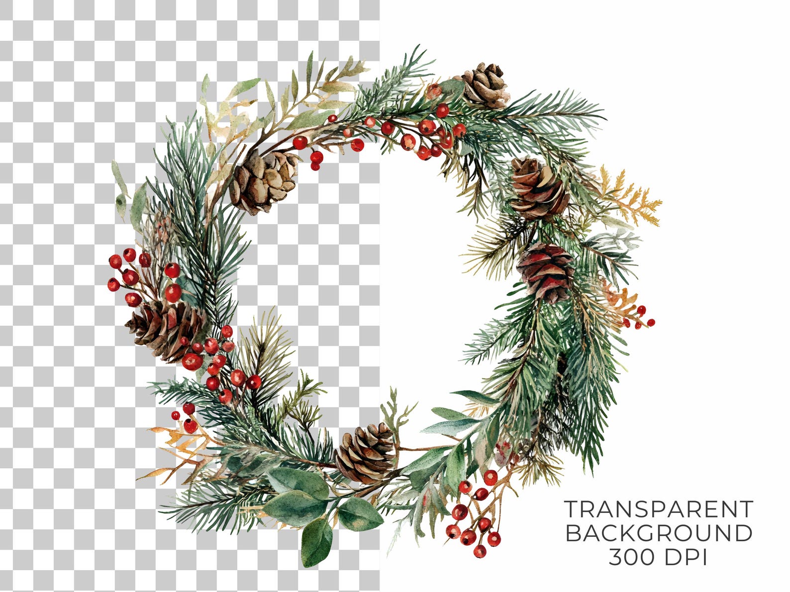 Watercolor Christmas Wreaths Clipart | Holiday PNG Collection (digital ...