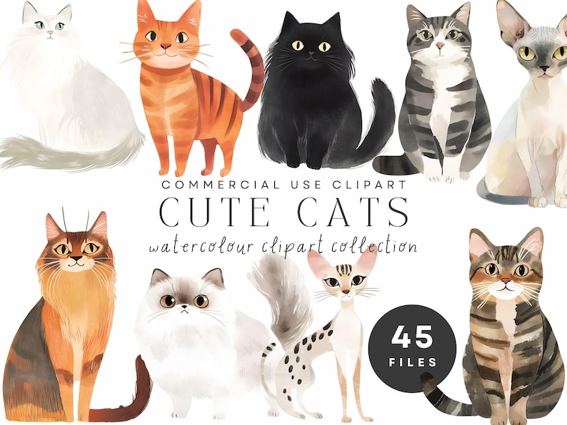 Cute Cats Watercolor Clipart – 45 Feline Illustrations (digital ...