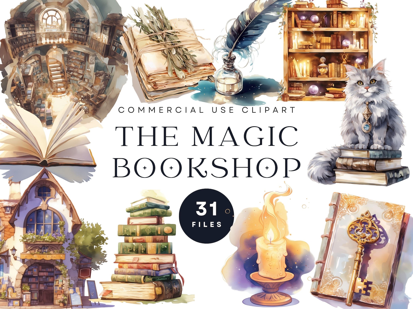 Magic Bookshop Clipart | Watercolor Art for Commercial Use ...