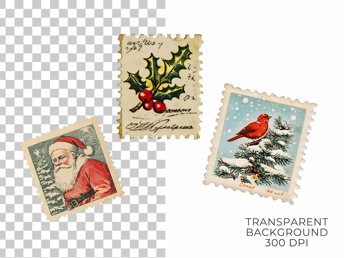 Vintage Christmas Stamps Clipart Collection | 20 Pngs - Retro Holiday ...