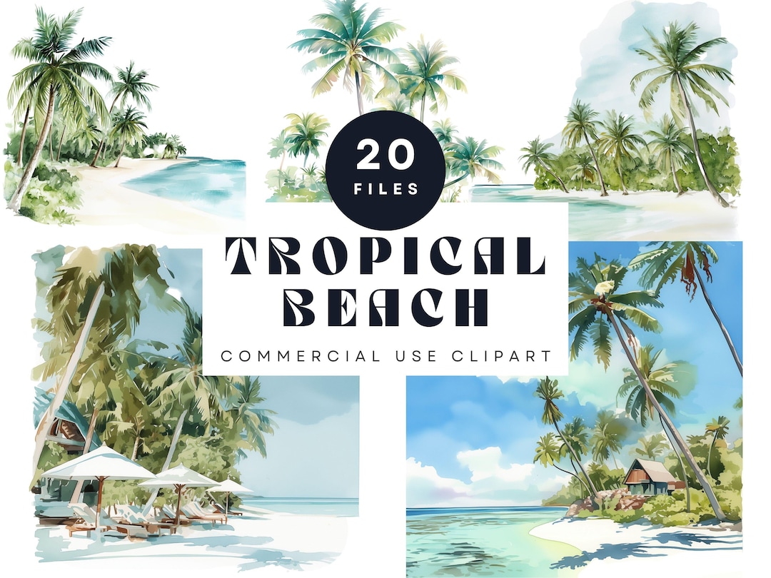 Watercolor Tropical Beach Clipart – Paradise Island PNG (digital ...