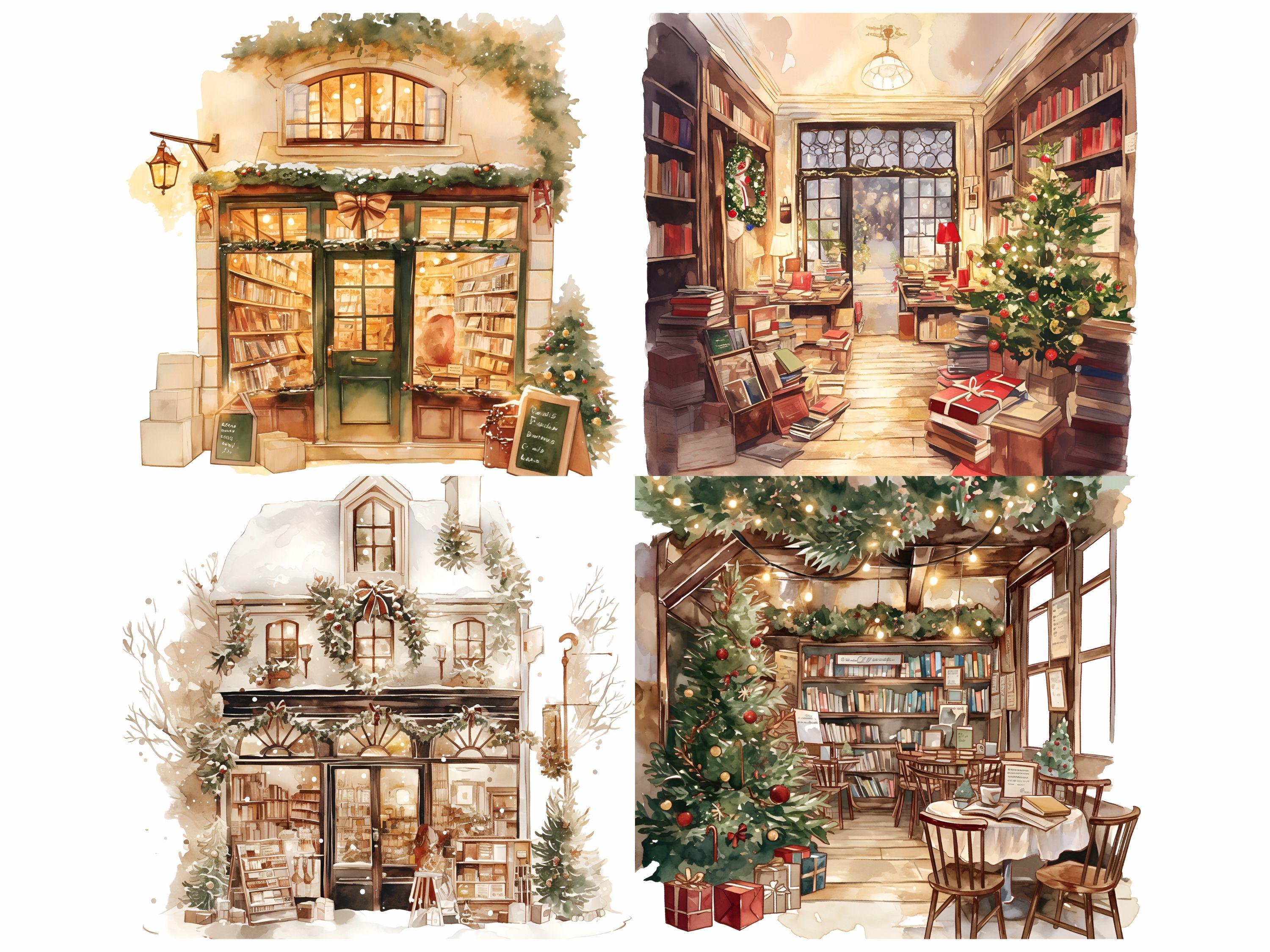 Christmas Bookstore Clipart Bundle, Cozy Holiday Storefronts, Festive ...