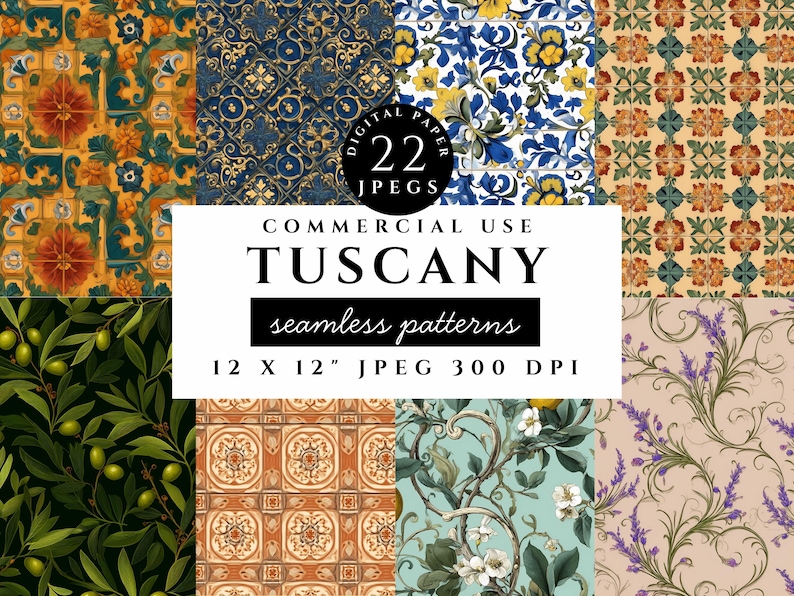 Tuscany Digital Paper, Seamless Italian Tile Patterns, Olive Lemon ...