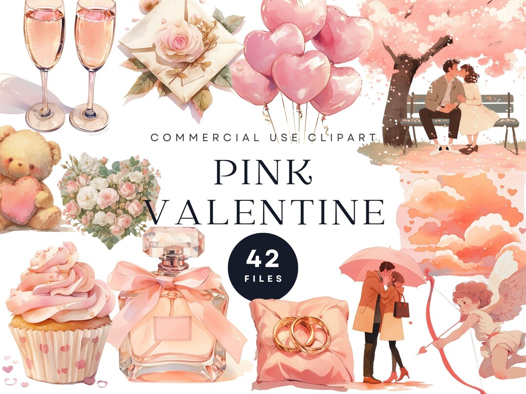 Pink Valentine Watercolor Clipart Set | Romantic Hearts, Cupid (digital ...