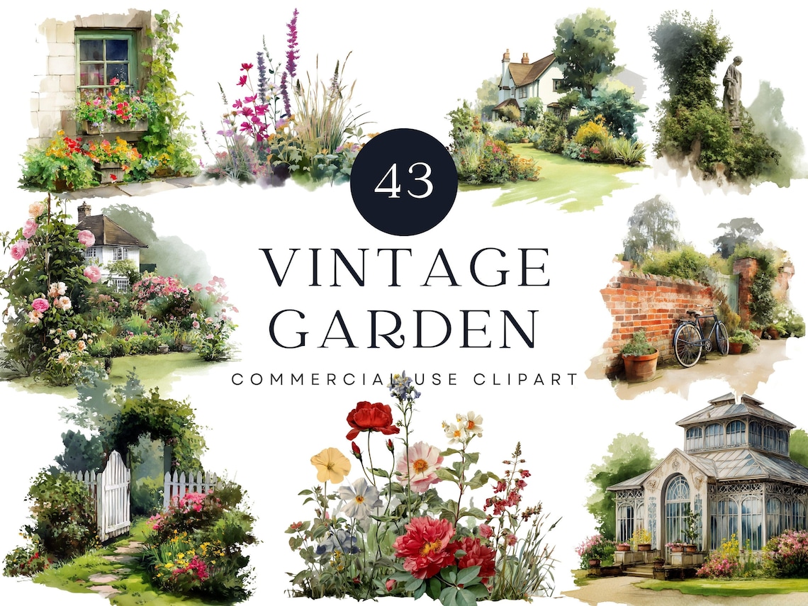 Vintage Garden Clipart | Cottage Garden Illustration | Greenhouse Clip ...