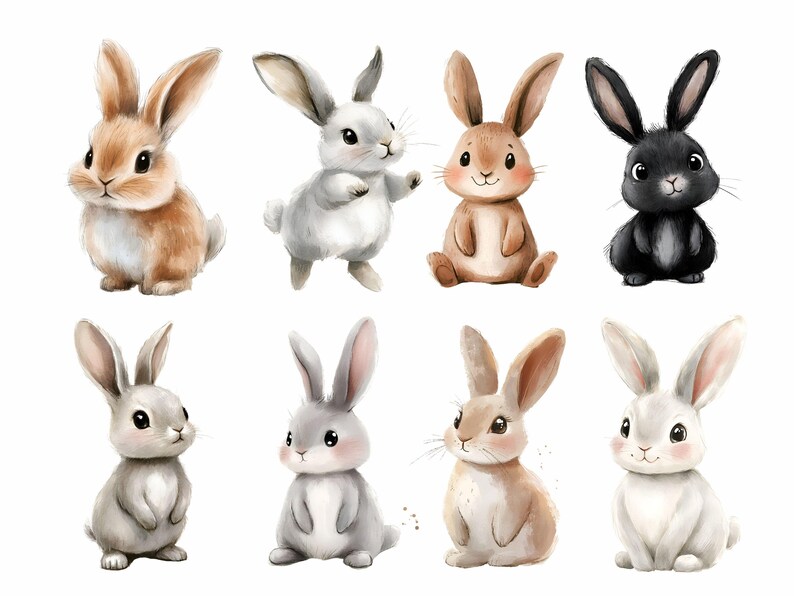 Cute Bunnies Watercolor Clipart | Adorable Bunny Illustrations, Easter ...