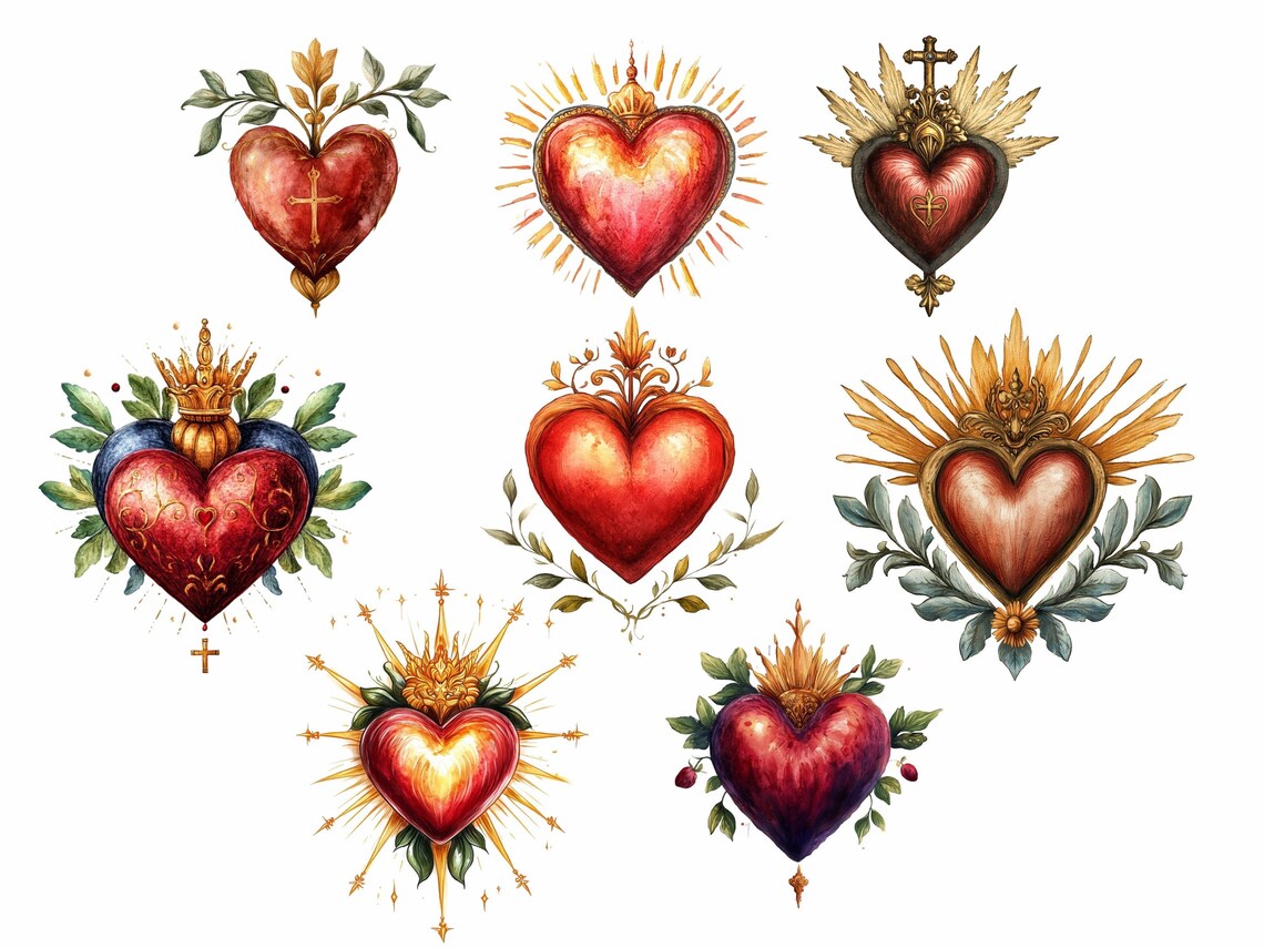 Sacred Hearts Clipart - Watercolor Religious Heart Symbols, Vintage ...