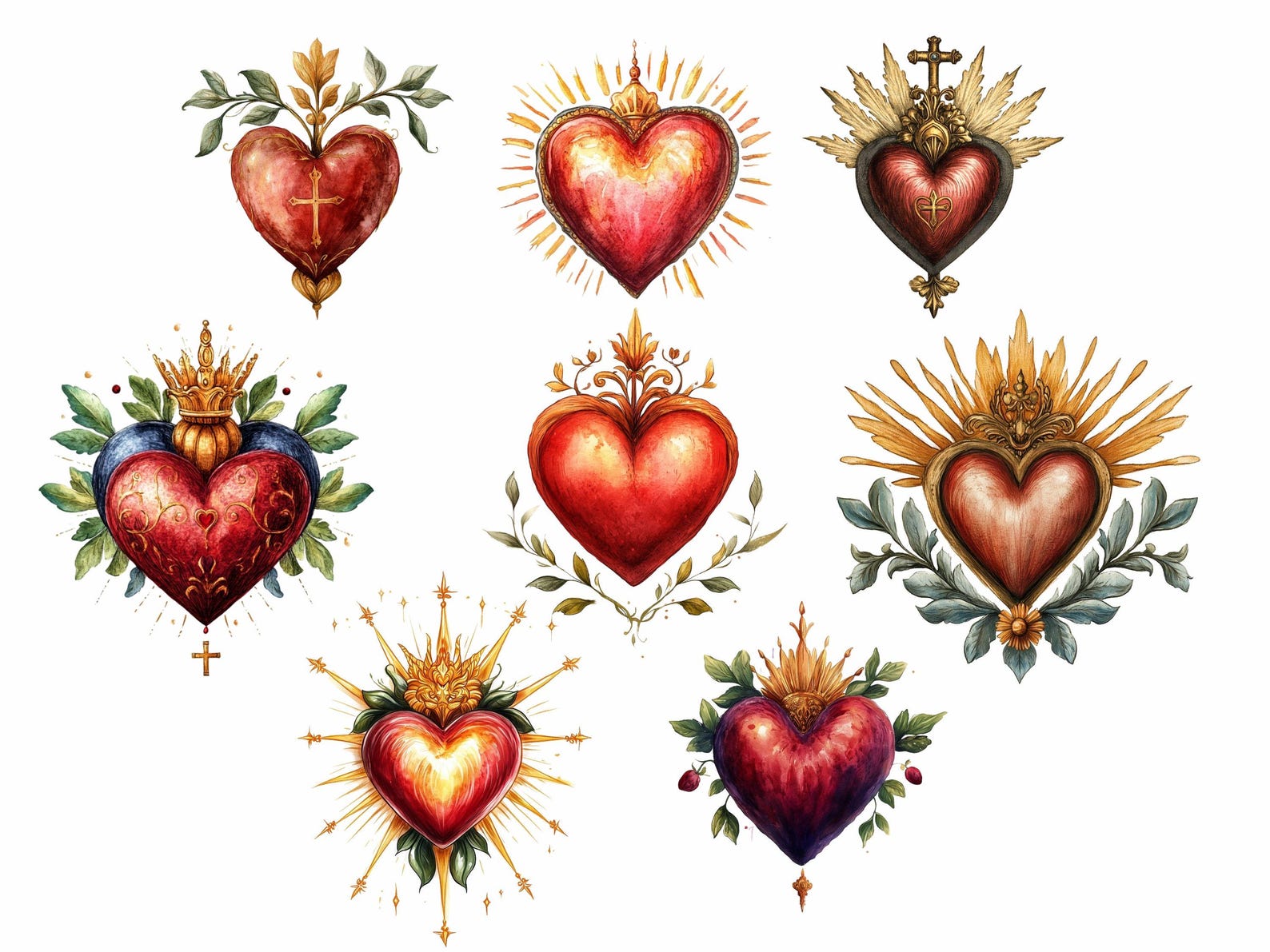 Sacred Hearts Clipart - Watercolor Religious Heart Symbols, Vintage ...