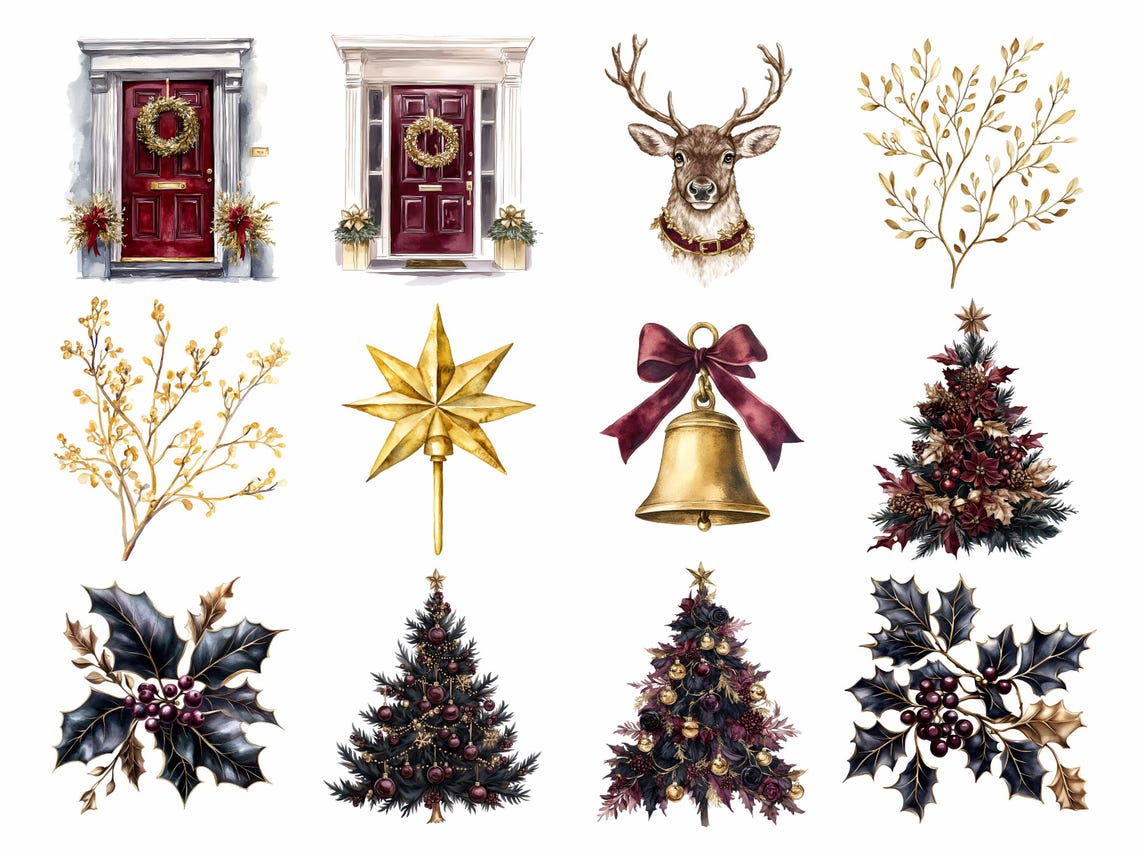 Luxe Christmas Clipart Set, Burgundy and Gold Holiday Graphics, Fashion ...