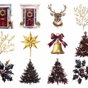 Luxe Christmas Clipart Set, Burgundy and Gold Holiday Graphics, Fashion ...