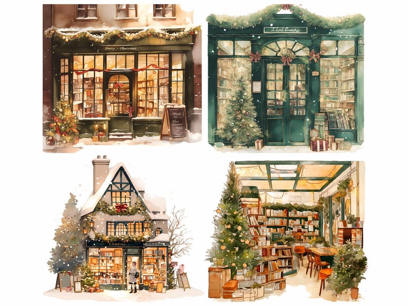 Christmas Bookstore Clipart Bundle, Cozy Holiday Storefronts, Festive ...