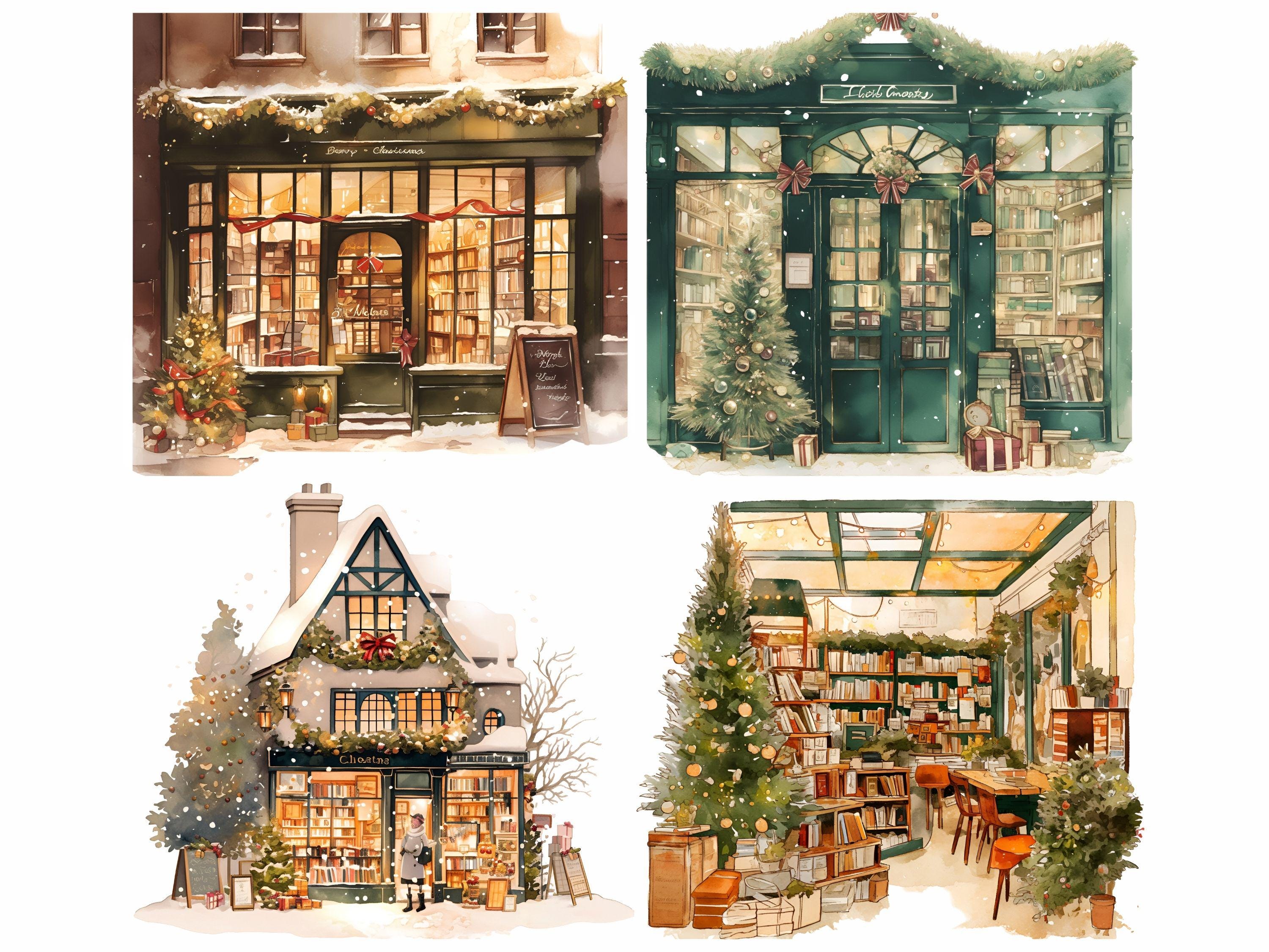 Christmas Bookstore Clipart Bundle, Cozy Holiday Storefronts, Festive ...