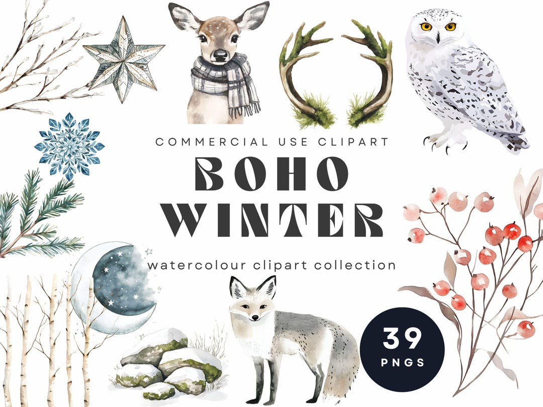 Boho Winter Watercolor Clipart, Rustic Woodland Animals (PNG) - Etsy