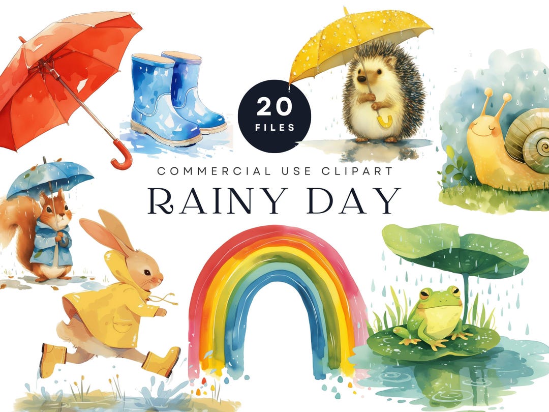 Rainy Day Animal Clipart Set, Cute Woodland Creatures With Umbrellas ...