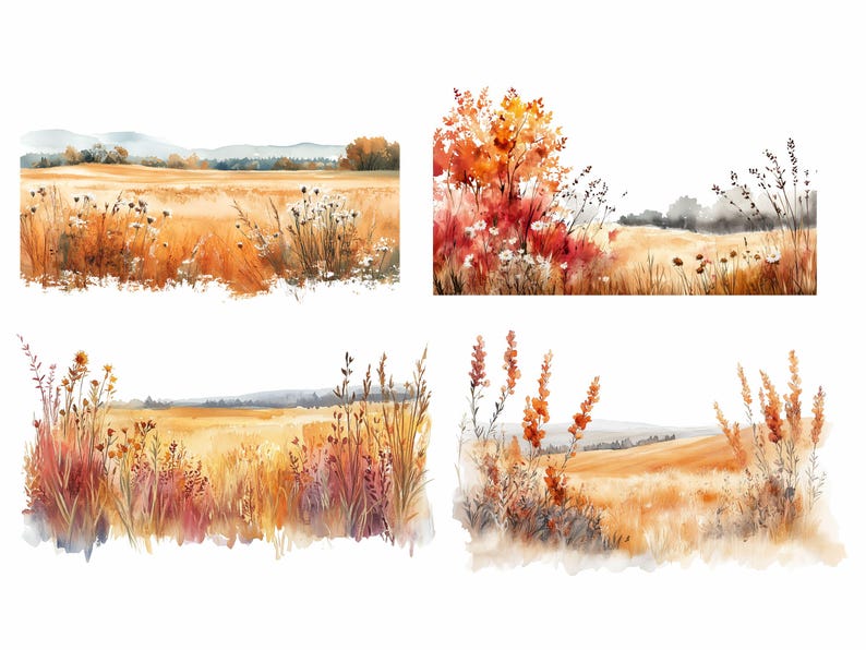 Autumn Fields Watercolor Clipart – Cottagecore Fall PNG (digital ...