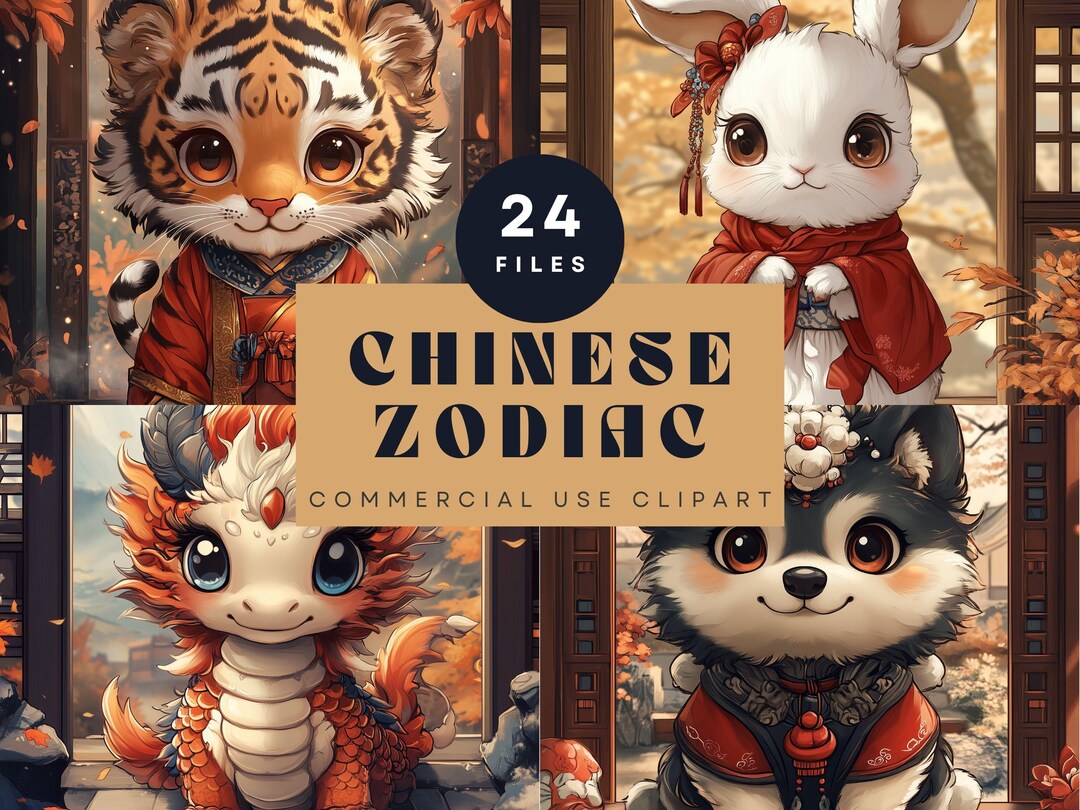 Cute Chinese Zodiac Clipart Set – Year of the Rabbit, Snake, Tiger ...