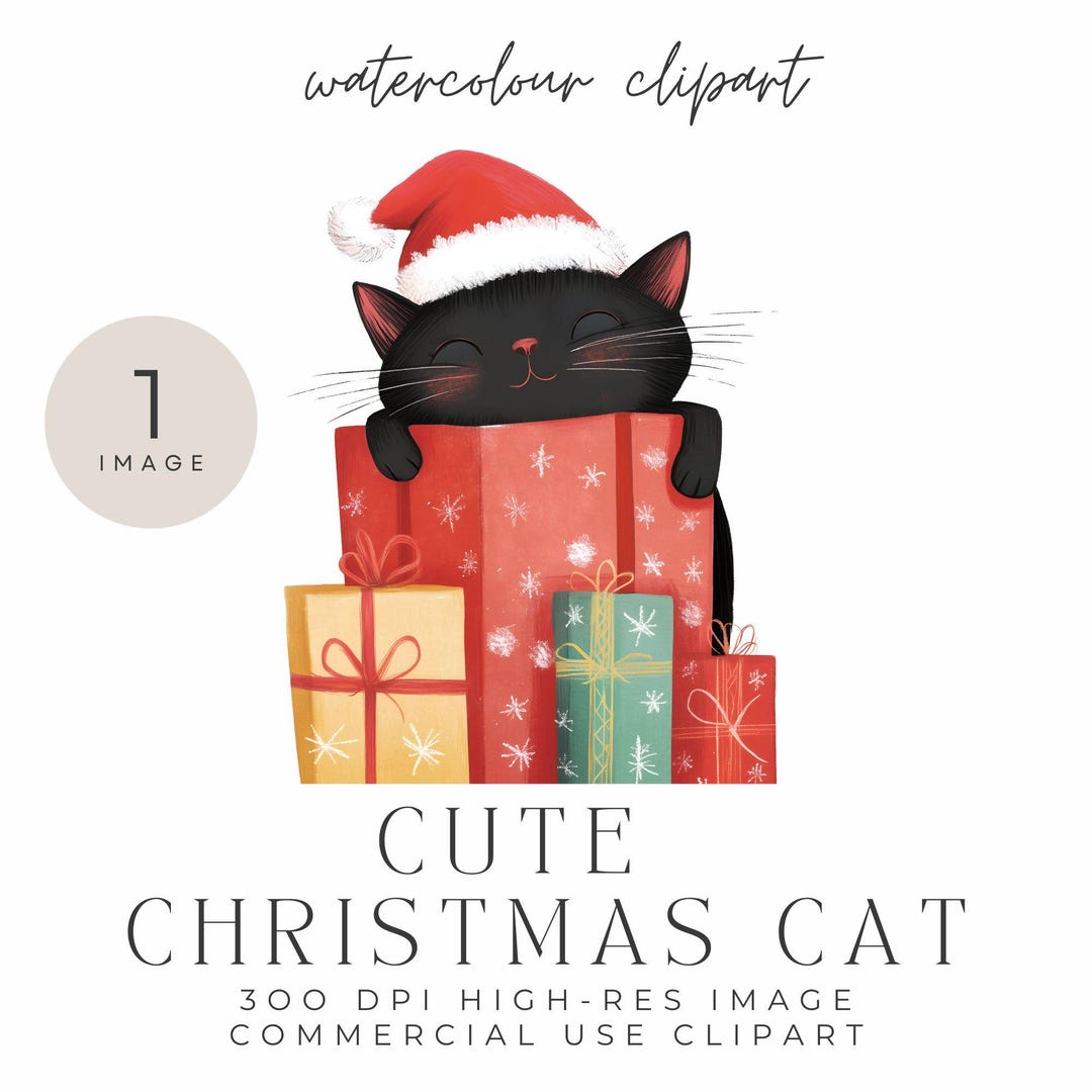 Cute Christmas Cat Clipart - Watercolor Black Cat With Santa Hat ...