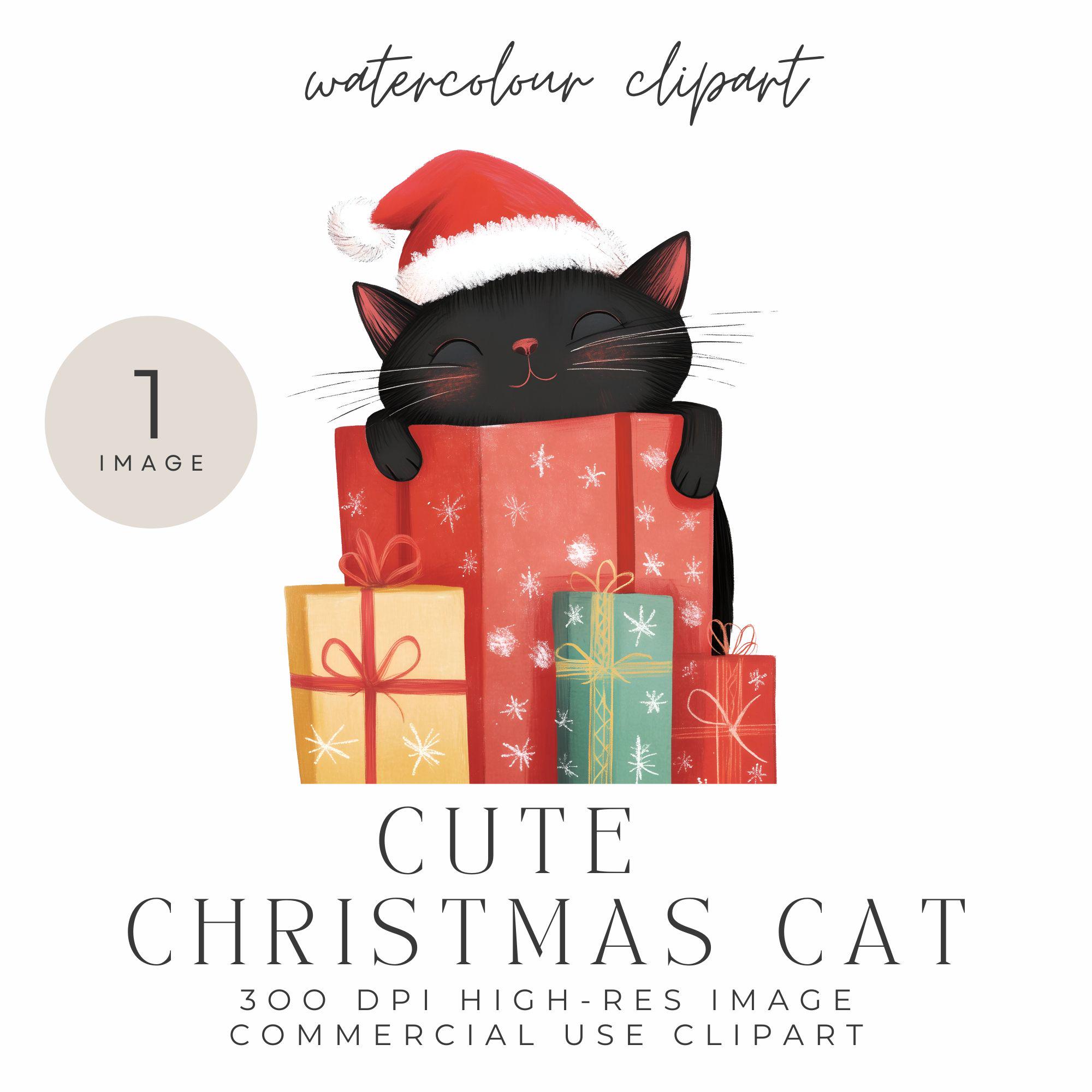 Cute Christmas Cat Clipart - Watercolor Black Cat With Santa Hat ...