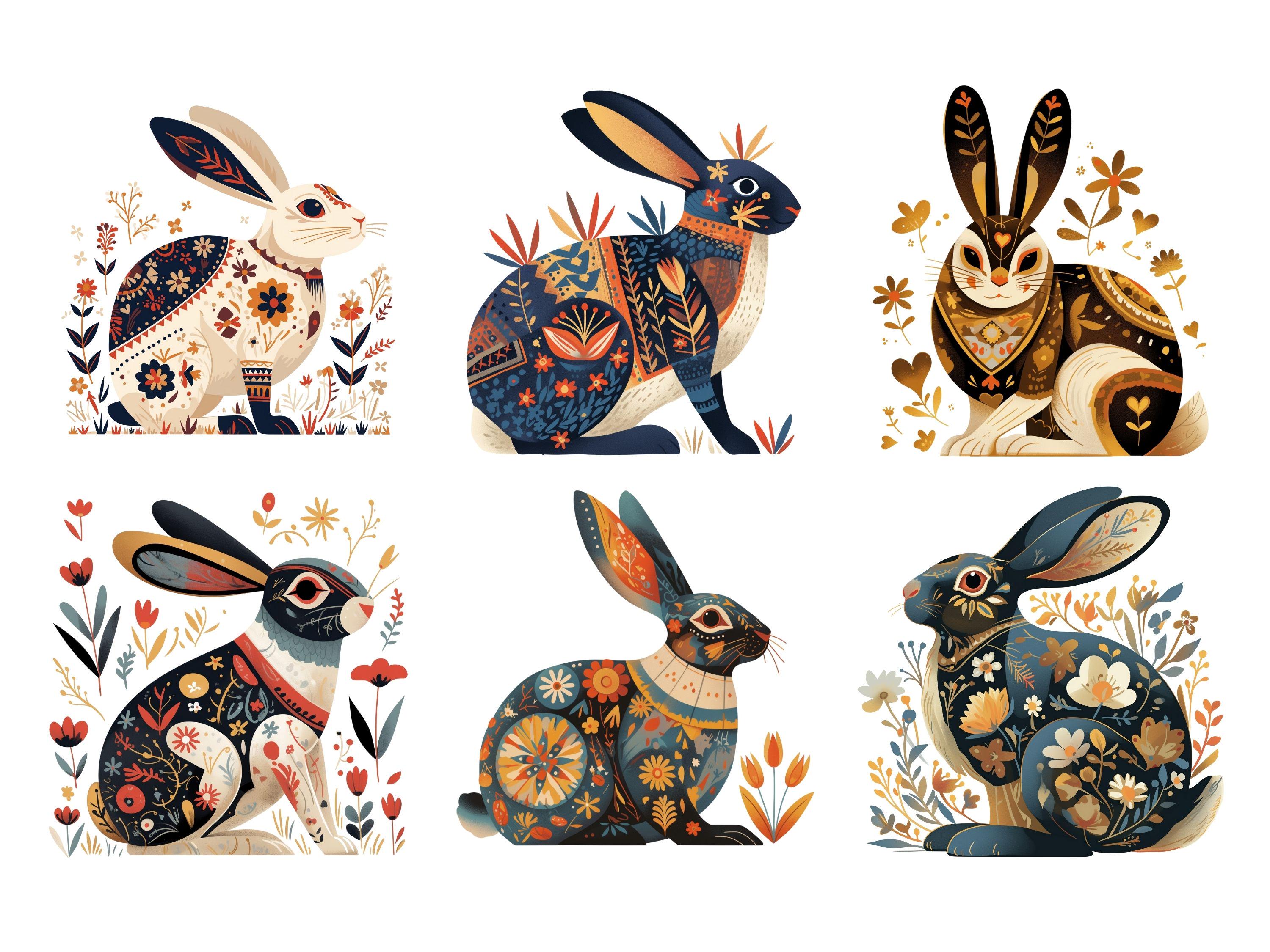 Folk Art Rabbit Clipart | Floral Bunny Illustrations | Rustic Boho ...