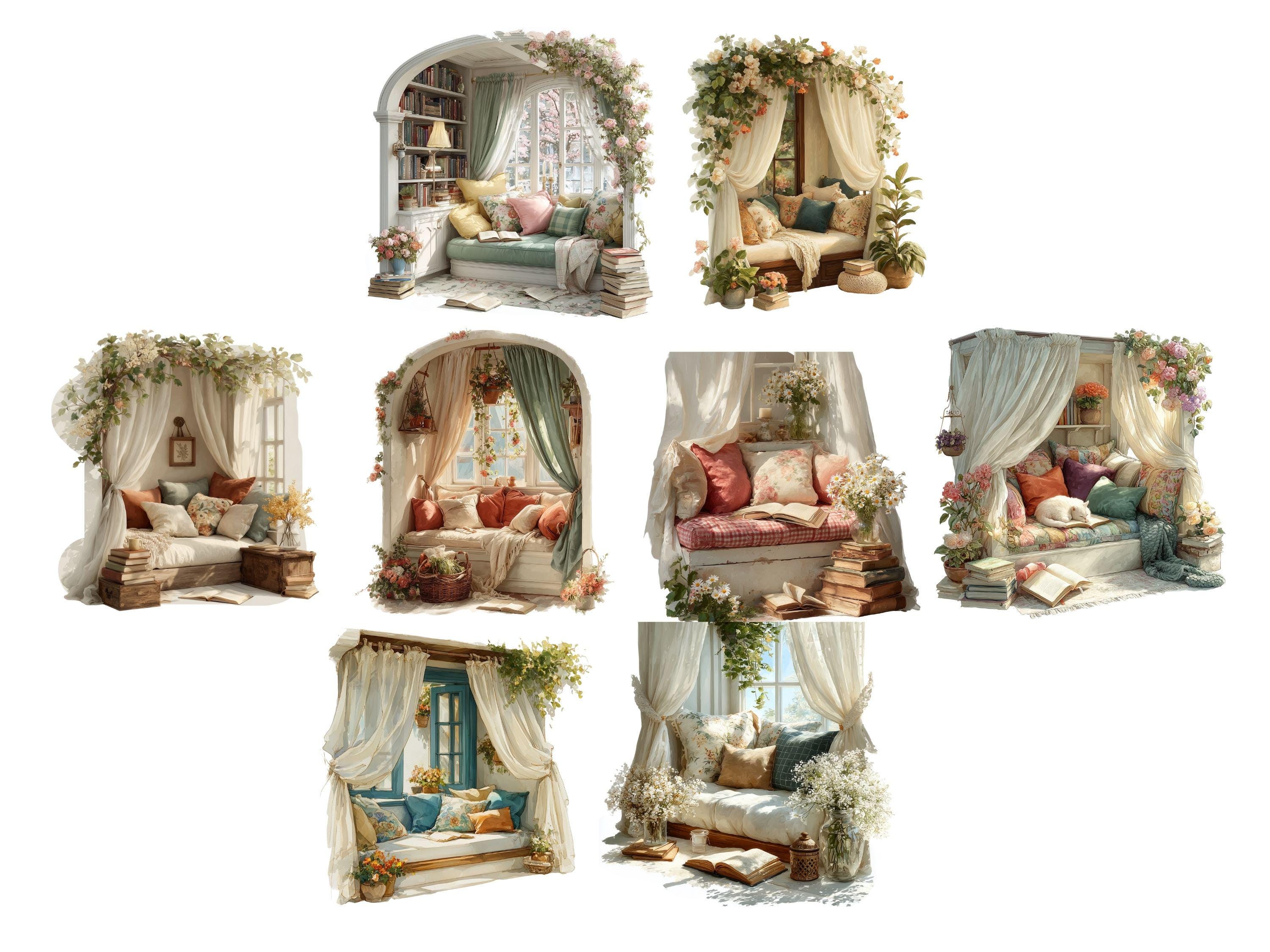 Cottagecore Reading Nook Clipart | Cozy Window Seat Aesthetic ...