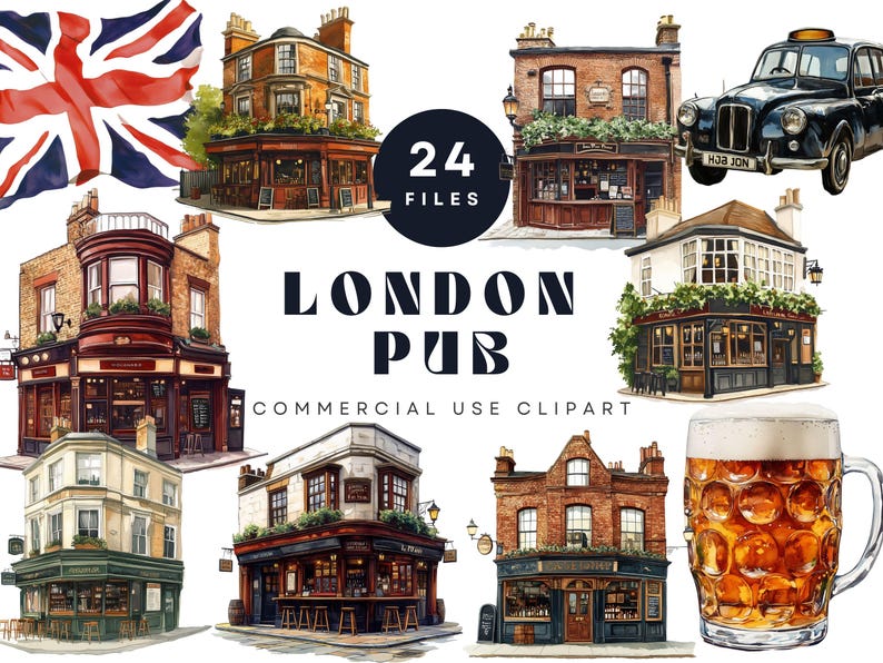 London Pub Clipart Bundle, British Pub, Vintage Watercolor English ...
