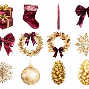Luxe Christmas Clipart Set, Burgundy and Gold Holiday Graphics, Fashion ...