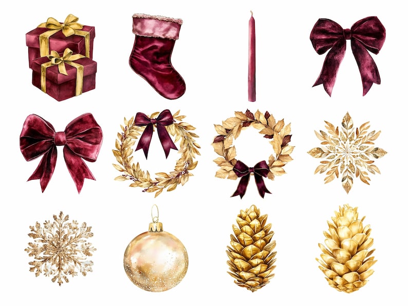 Luxe Christmas Clipart Set, Burgundy and Gold Holiday Graphics, Fashion ...