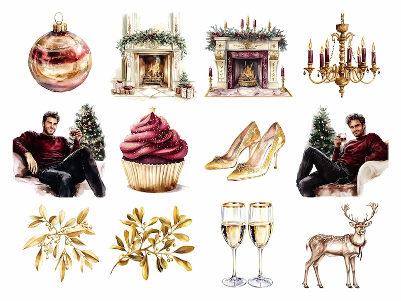 Luxe Christmas Clipart Set, Burgundy and Gold Holiday Graphics, Fashion ...