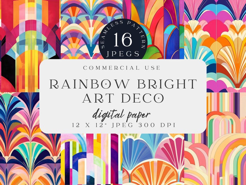 Rainbow Art Deco Digital Paper, Colorful Seamless Patterns, Retro ...