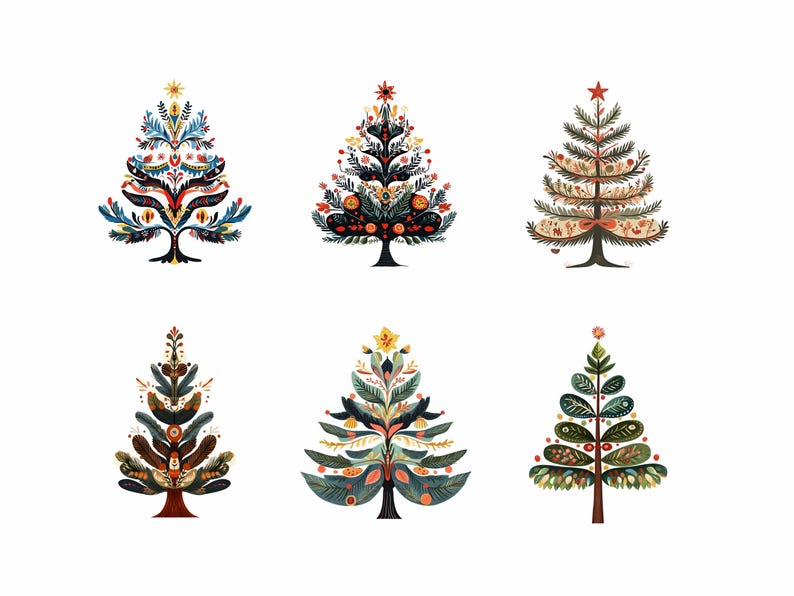 Folk Christmas Trees Clipart Collection | Hand-drawn Holiday Tree ...