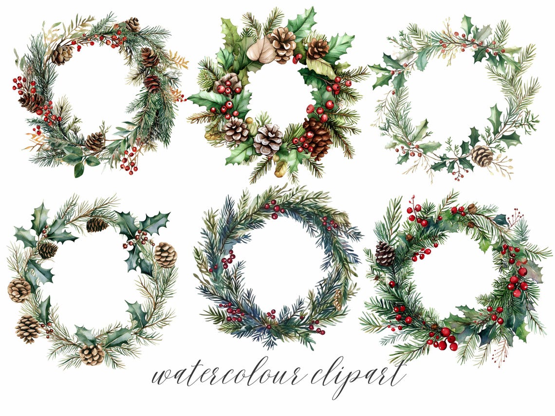 Watercolor Christmas Wreaths Clipart | Holiday PNG Collection (digital ...