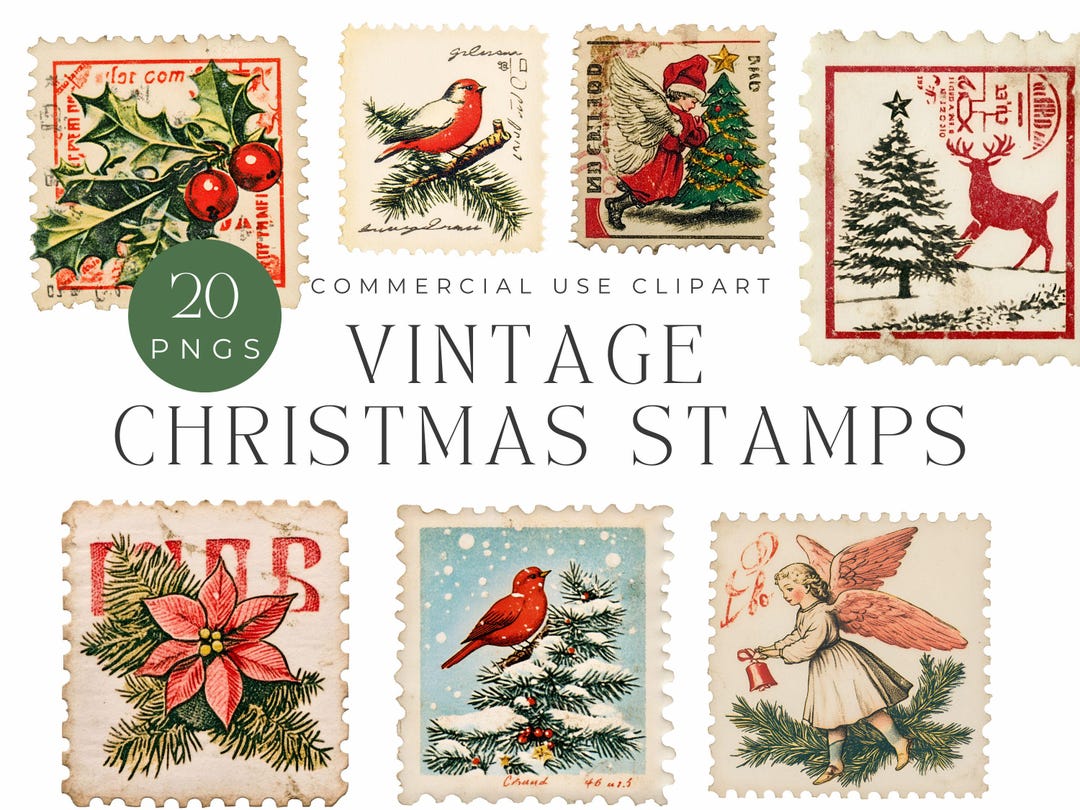 Vintage Christmas Stamps Clipart Collection | 20 Pngs - Retro Holiday ...