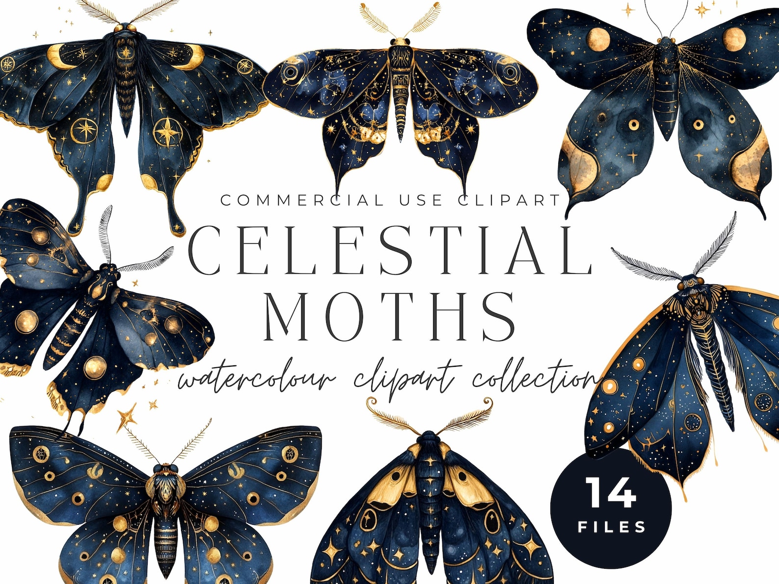 Celestial Moths Clipart - Watercolor Moon & Star Moths, Mystical Insect ...