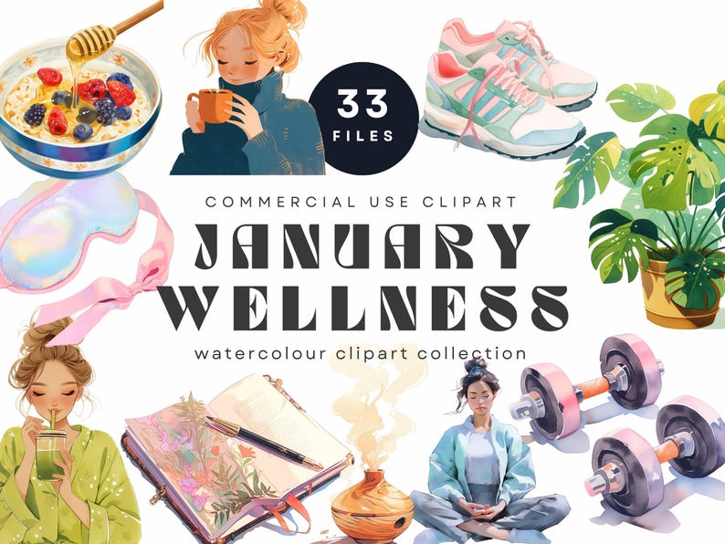 January Wellness Watercolor Clipart Bundle, Cozy Self-care, Meditation ...