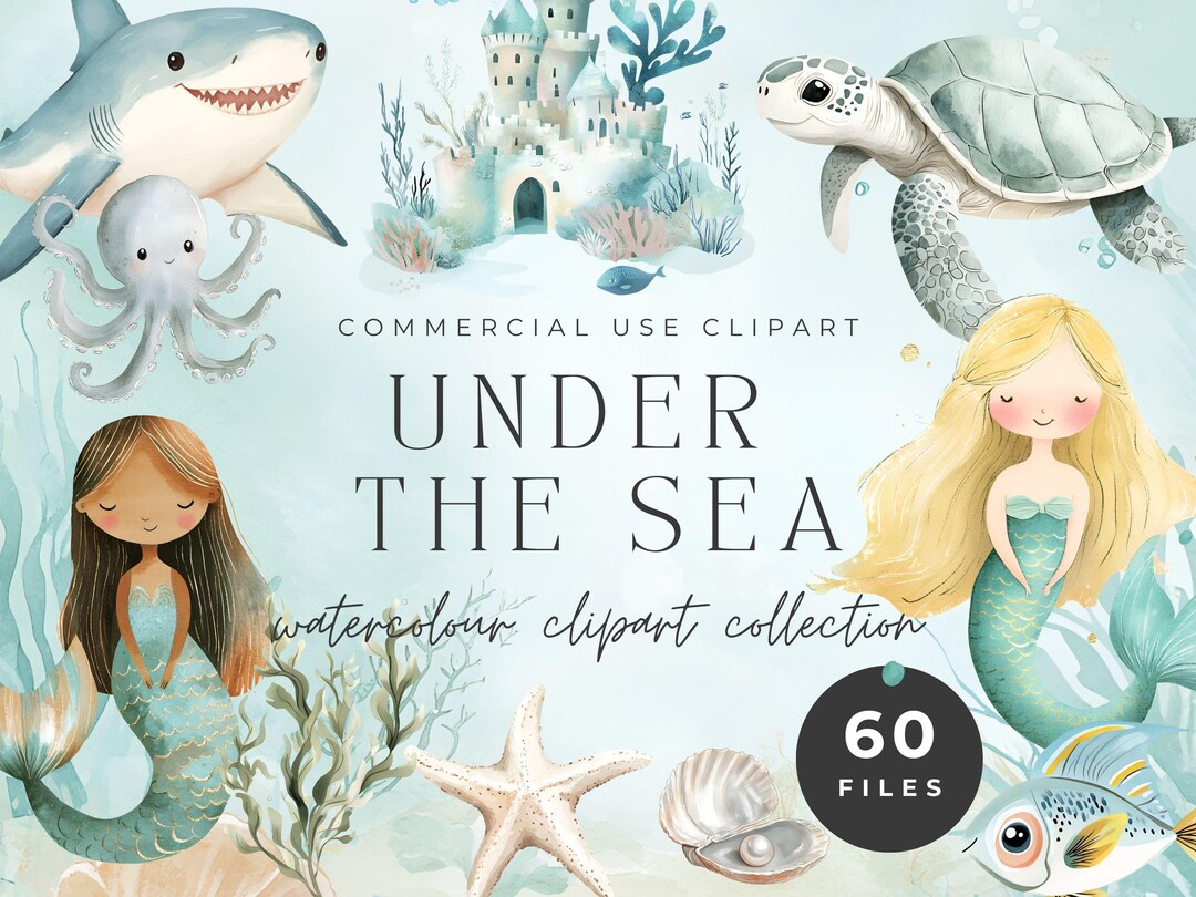 Under the Sea Watercolor Clipart Collection | Mermaid & Ocean Animals ...