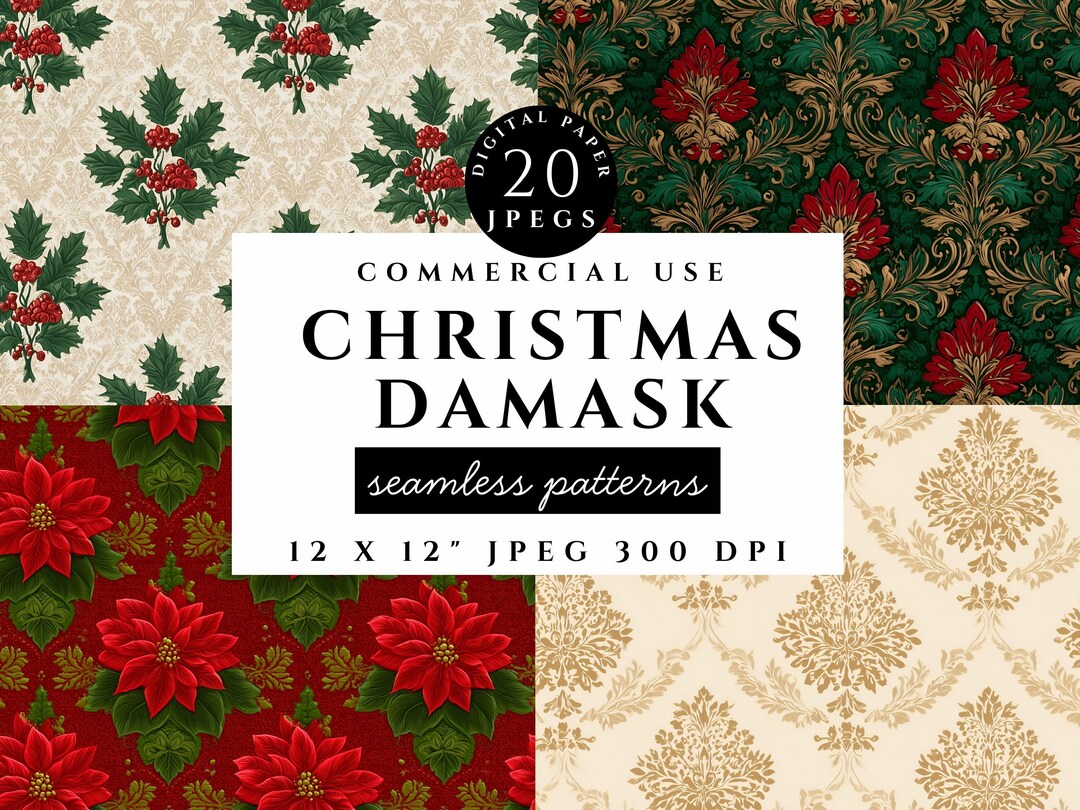 Christmas Damask Digital Paper | Seamless Holiday Pattern Backgrounds ...