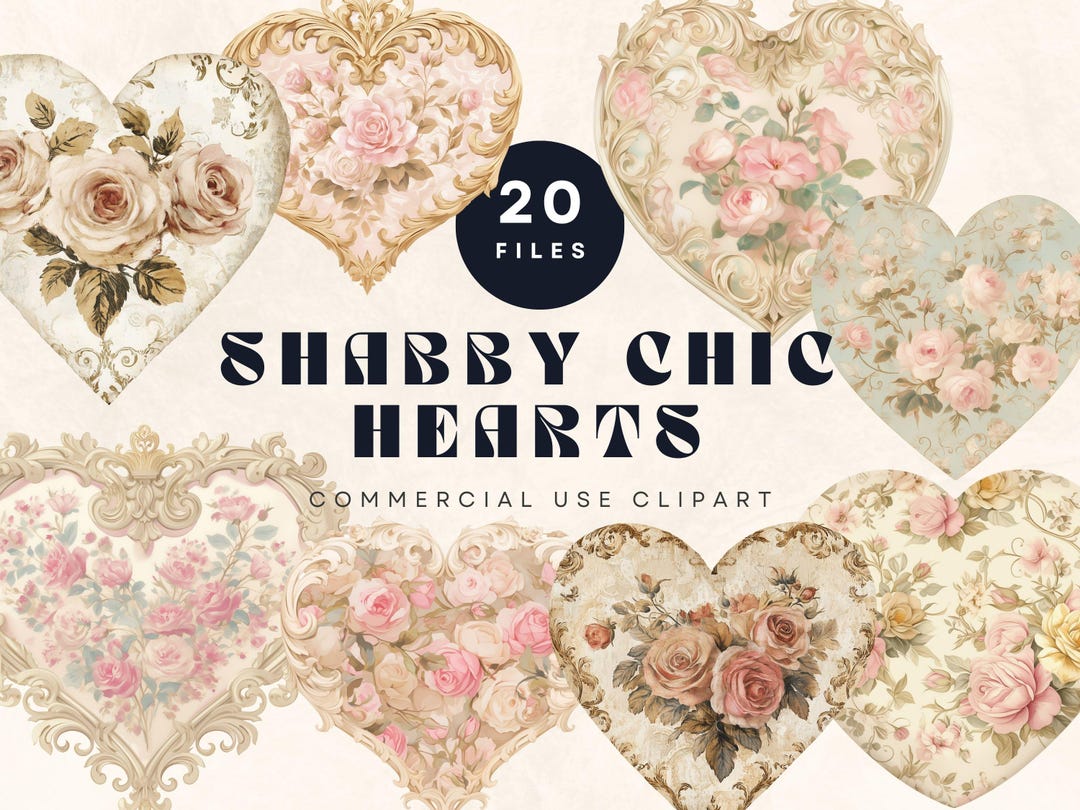Shabby Chic Heart Clipart, Vintage Floral Hearts, Baroque Damask Hearts ...