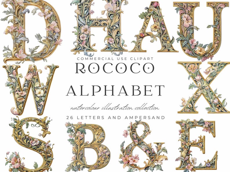 Rococo Floral Alphabet Clipart – Ornate Watercolor Letters, PNG Set for ...