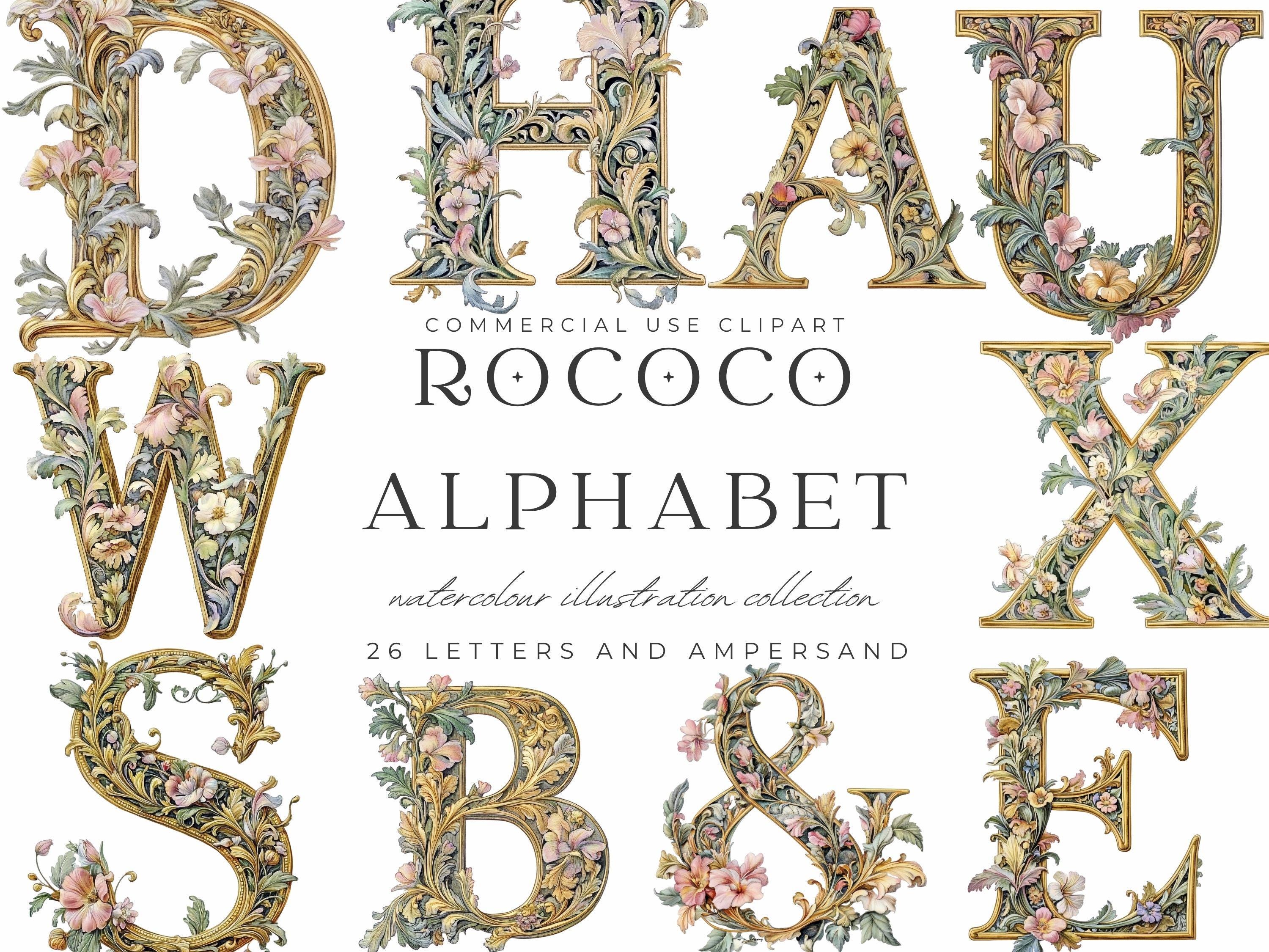 Rococo Floral Alphabet Clipart – Ornate Watercolor Letters, PNG Set for ...